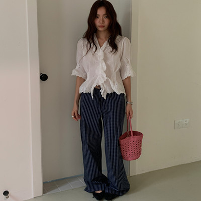 低腰抽绳全棉格子休闲裤