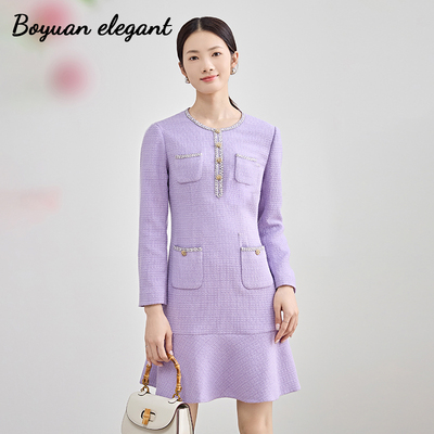 紫色小香风高腰修身鱼尾连衣裙女