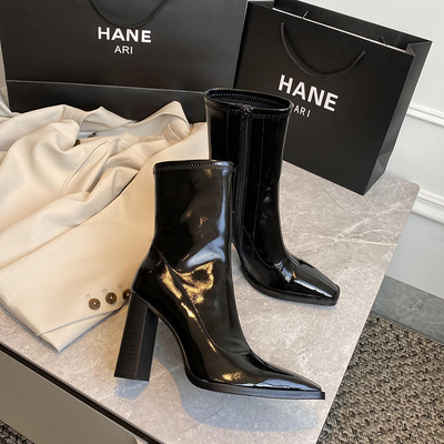 肯豆同款SW方头粗跟短靴女2025年春秋新款漆皮高跟鞋中筒马丁靴子