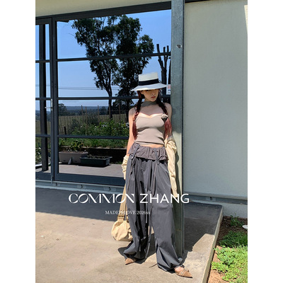 CZ ZHANG春荷叶边拼接腰头阔腿休闲裤女甜美减龄直筒拖地裤