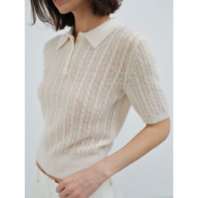 [共线]COLNE春季新款设计感蓬松柔糯羊驼毛绞花针织POLO衫女