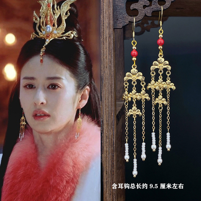 中国风珍珠女金色流苏国潮耳环