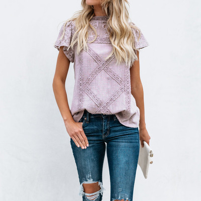 Sweet lady small hollow ruffle sleeve short sleeve top