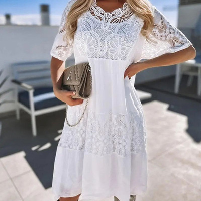 Summer Sweet Lace Round Neck Short sleeved Dress蕾丝短袖女裙