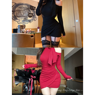 胖婷大码定制胖mm「甜辣教主」新年红色辣妹蝴蝶结弹力镂空连衣裙