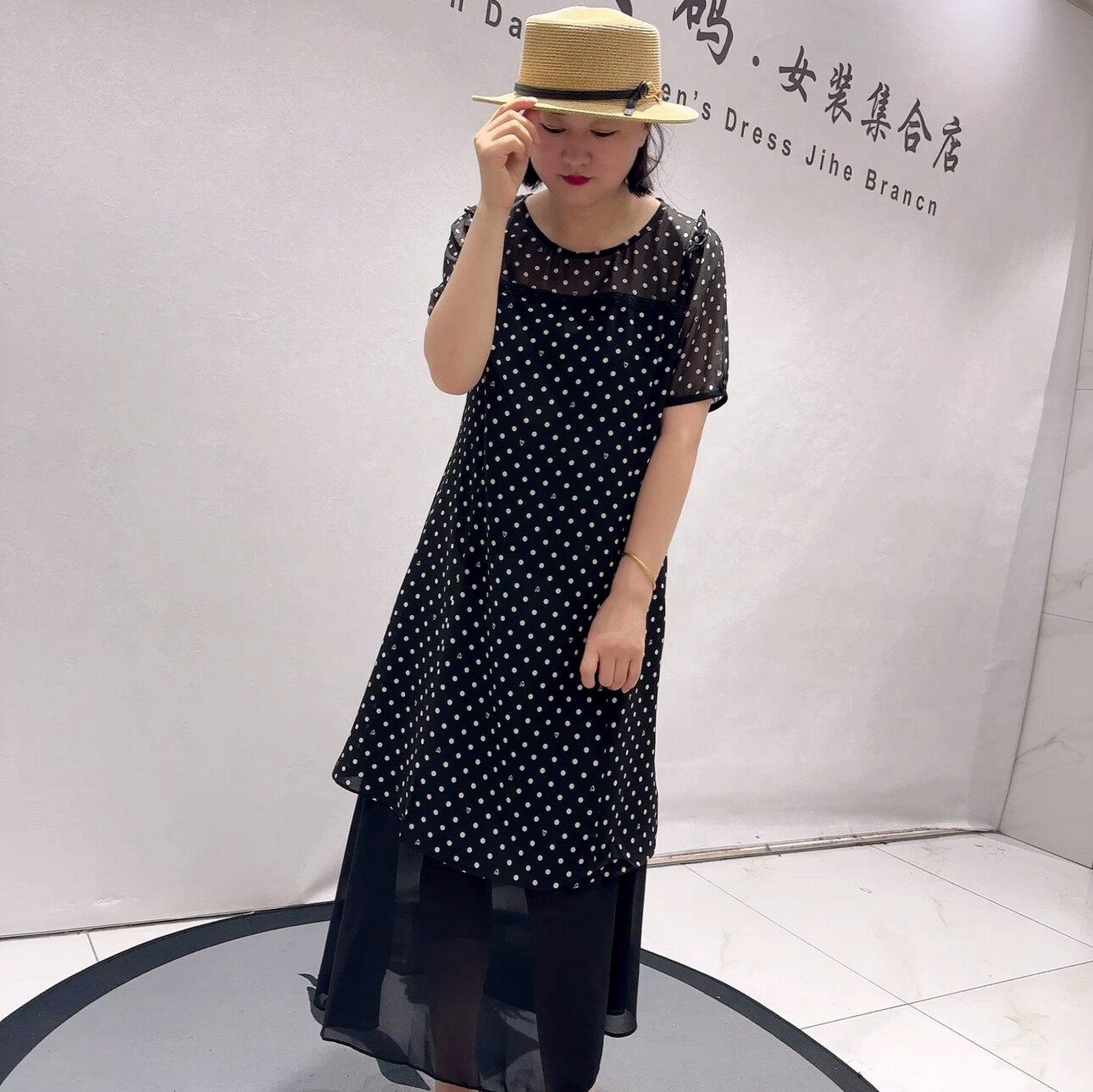 5359芮娜依莲夏款新品设计感叠穿波点图案减龄连衣裙加大码女装