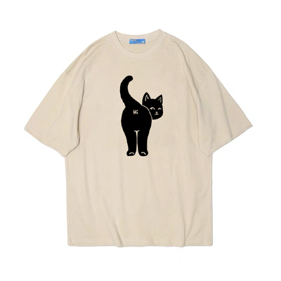 吃屁吧趣味猫咪阿美咔叽美式复古vintage男女宽松纯棉T恤teeshirt