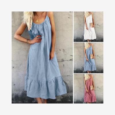 棉麻吊带纯色荷叶边连衣