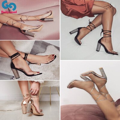 Sexy lady party golden high heels 43 large size strap shoe