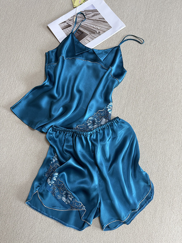 100%桑蚕丝吊带短裤套装缎面真丝丝绸女纯色内搭打底两件套家居服