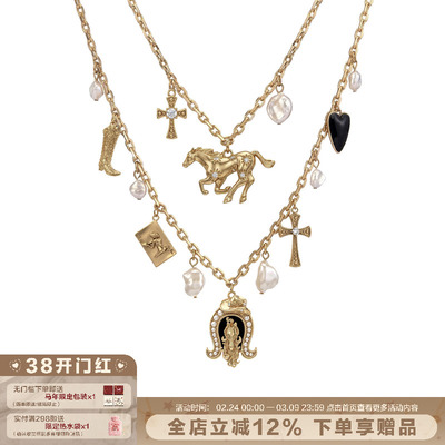 复古双层项链马术帽靴子锁骨链