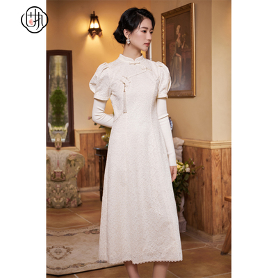 2023固执新中式蕾丝泡泡袖连衣裙