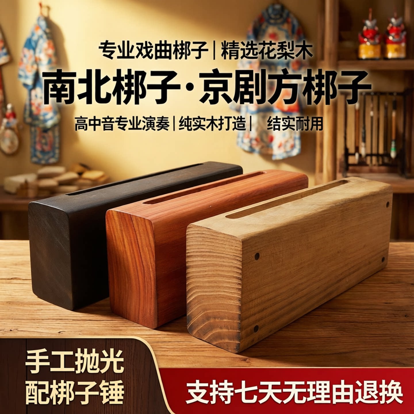 专业戏曲梆子乐器实木南北梆子花梨木高中音京剧方梆子
