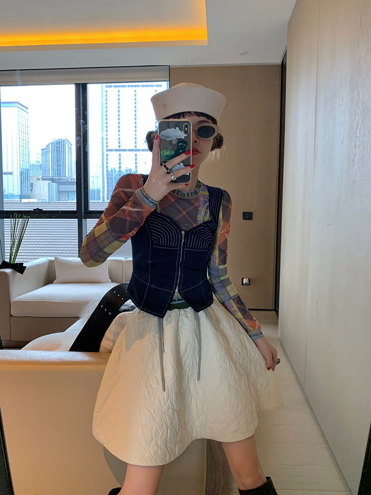 le rouge周美美【密林踪迹】时髦选手俏皮撞色绗棉松紧伞裙半身裙_虎窝淘