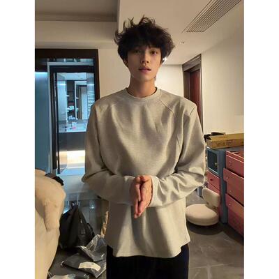 灰色结构美式长袖T恤男款秋季穿搭显肩宽无帽卫衣重磅内搭打底衫