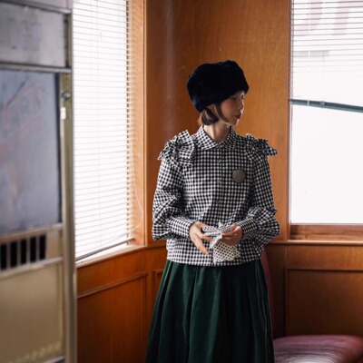 WOKERKER百搭黑白格长袖衬衫