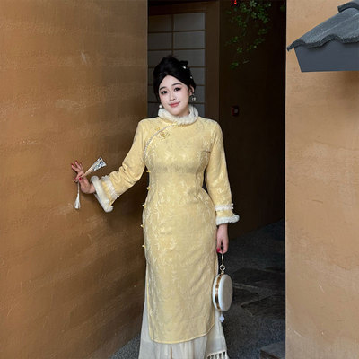 DATOO【梨花香】微胖大码新中式秋冬仿绍奶加绒改良旗袍连衣裙