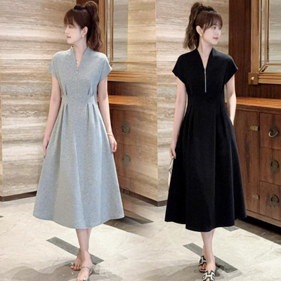 赫本风V领短袖连衣裙女夏季新款洋气收腰显瘦高级感遮肚中长款裙