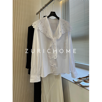 法风镂空刺绣海军领飘带白衬衫