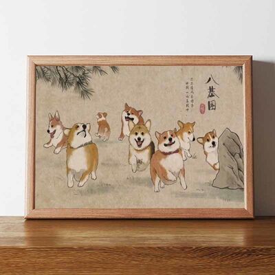 八基图名家真迹八哈图八犬图客厅餐厅横版狗狗动物装饰画桌柜摆画