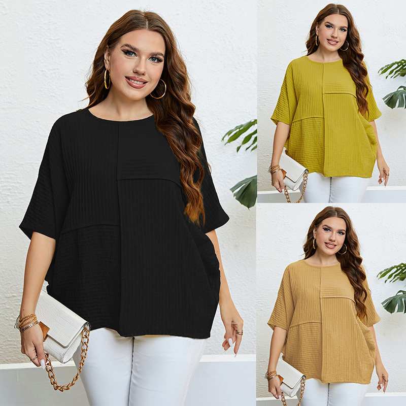 Solid color tops plus size women summer casual loose blouse_虎窝淘