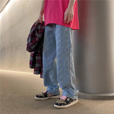 春秋季满印牛仔裤男款美式潮牌宽松直筒裤子高街痞帅老爹阔腿长裤