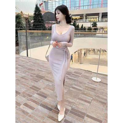 韩系御姐~性感显身材U领长袖开叉连衣裙系带长款修身纯欲包臀裙女