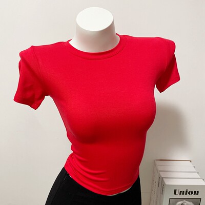 韩国ins软糯亲肤短款打底衫上衣女薄款微透紧身性感圆领短袖T恤夏