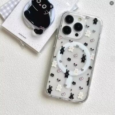 Stylish Black Bunny Transparent Magnetic Case 适用 iPhone 17 Pro Max15 16 Beautiful Shockproof Cover