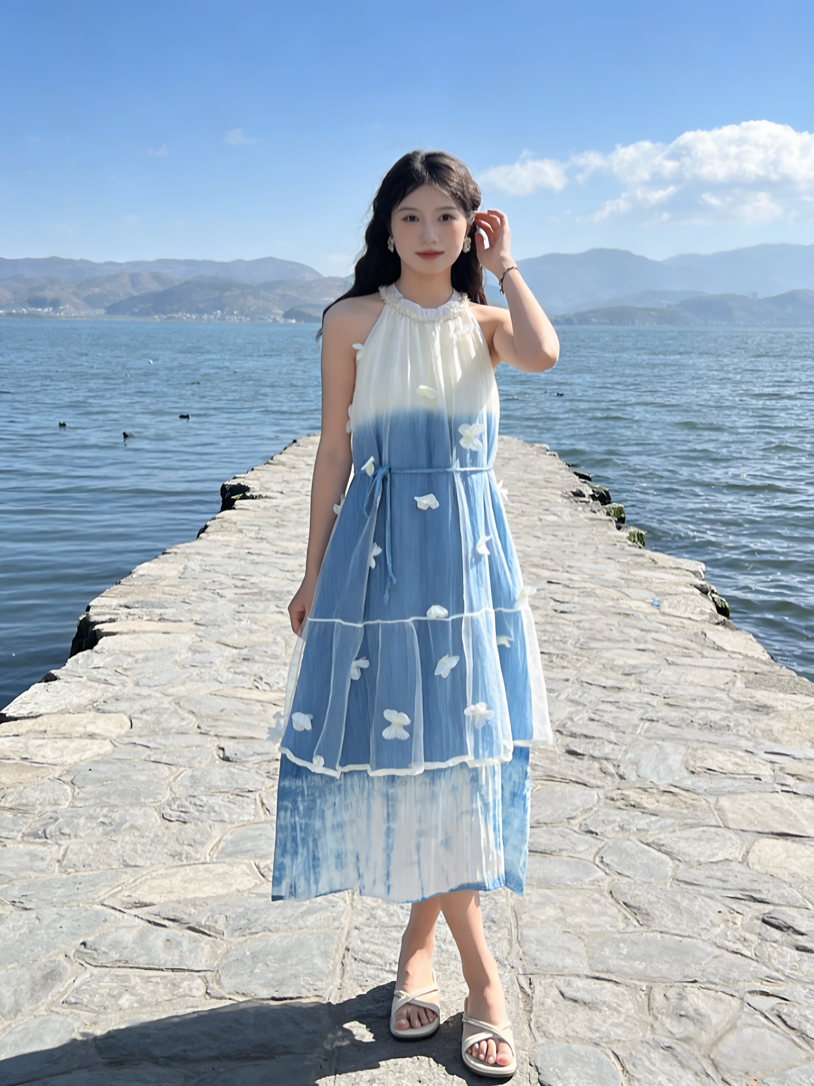 原创扎染裙子气质收腰连衣裙女夏季小个子网纱假两件无袖背心长裙