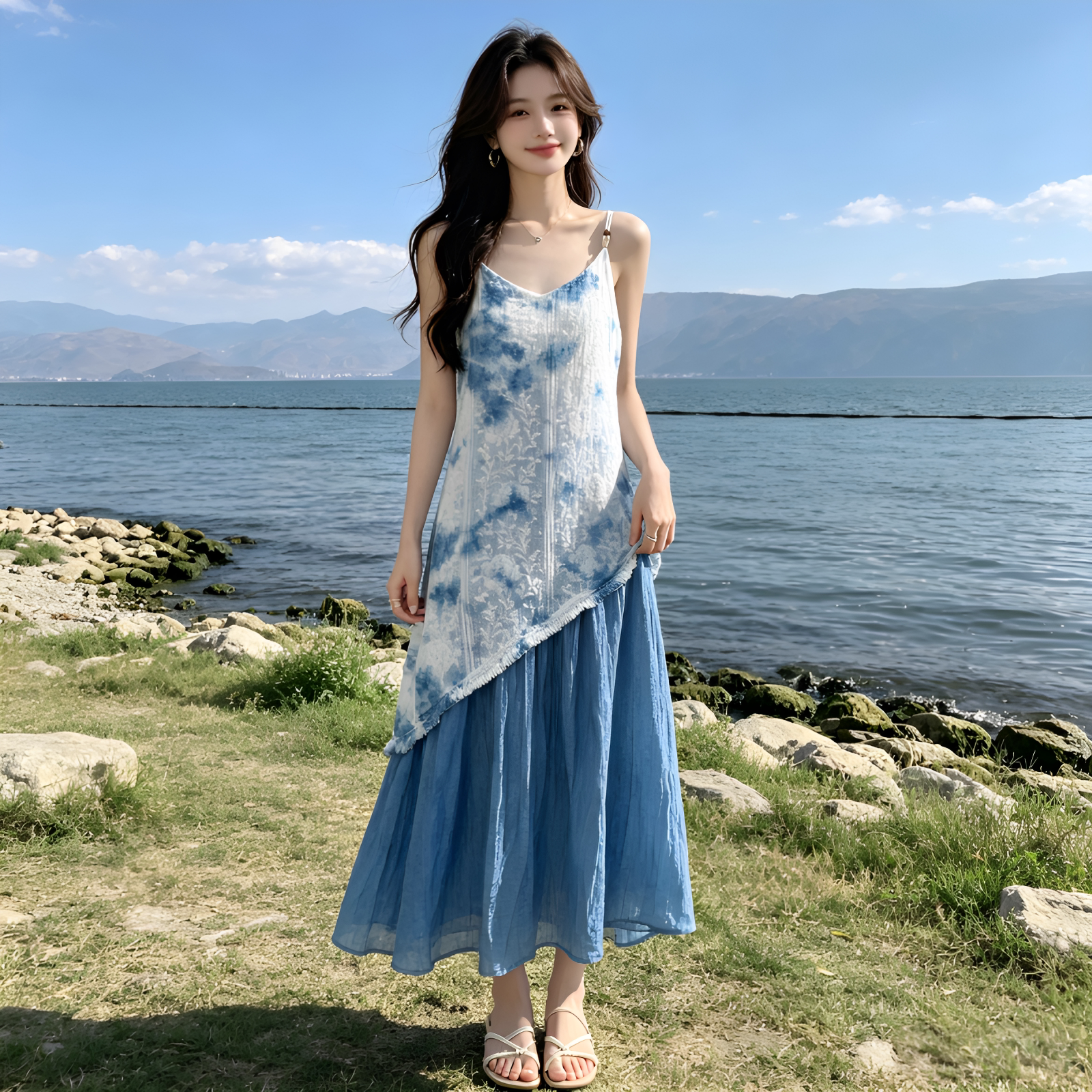 民族风扎染V领吊带连衣裙女假两件吊带裙显瘦长裙沙滩裙气质裙子