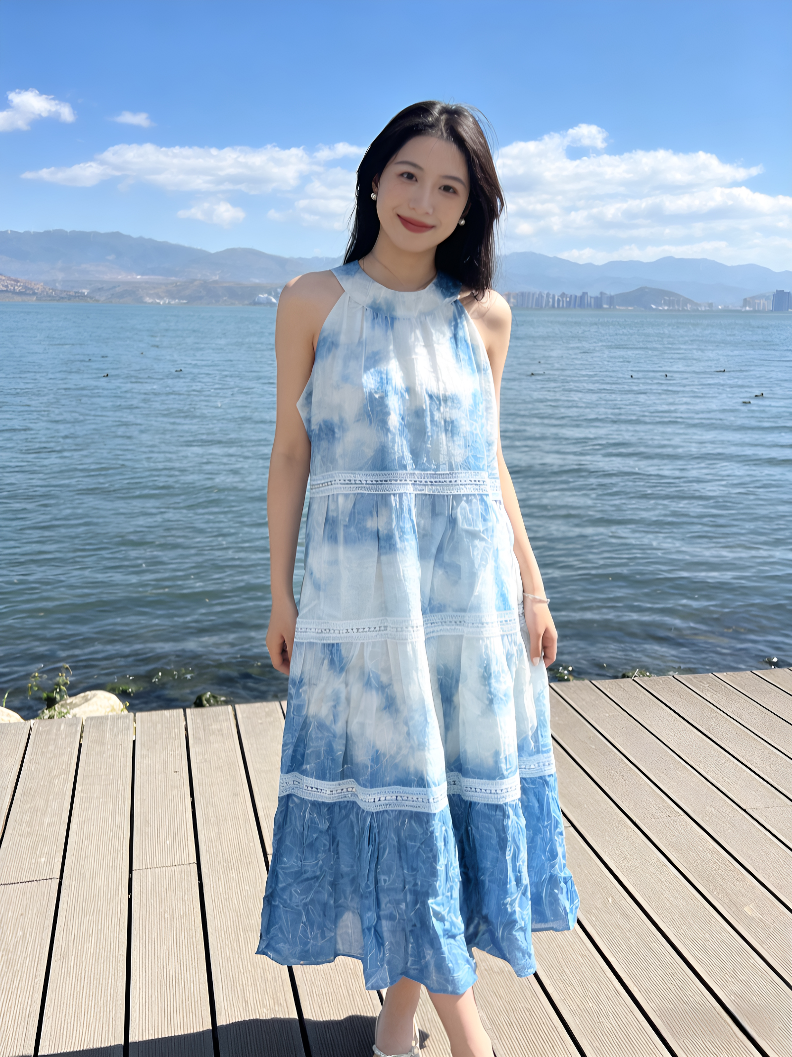 挂脖扎染棉麻连衣裙女长款夏季宽松无袖背心长裙大摆遮肚沙滩裙子