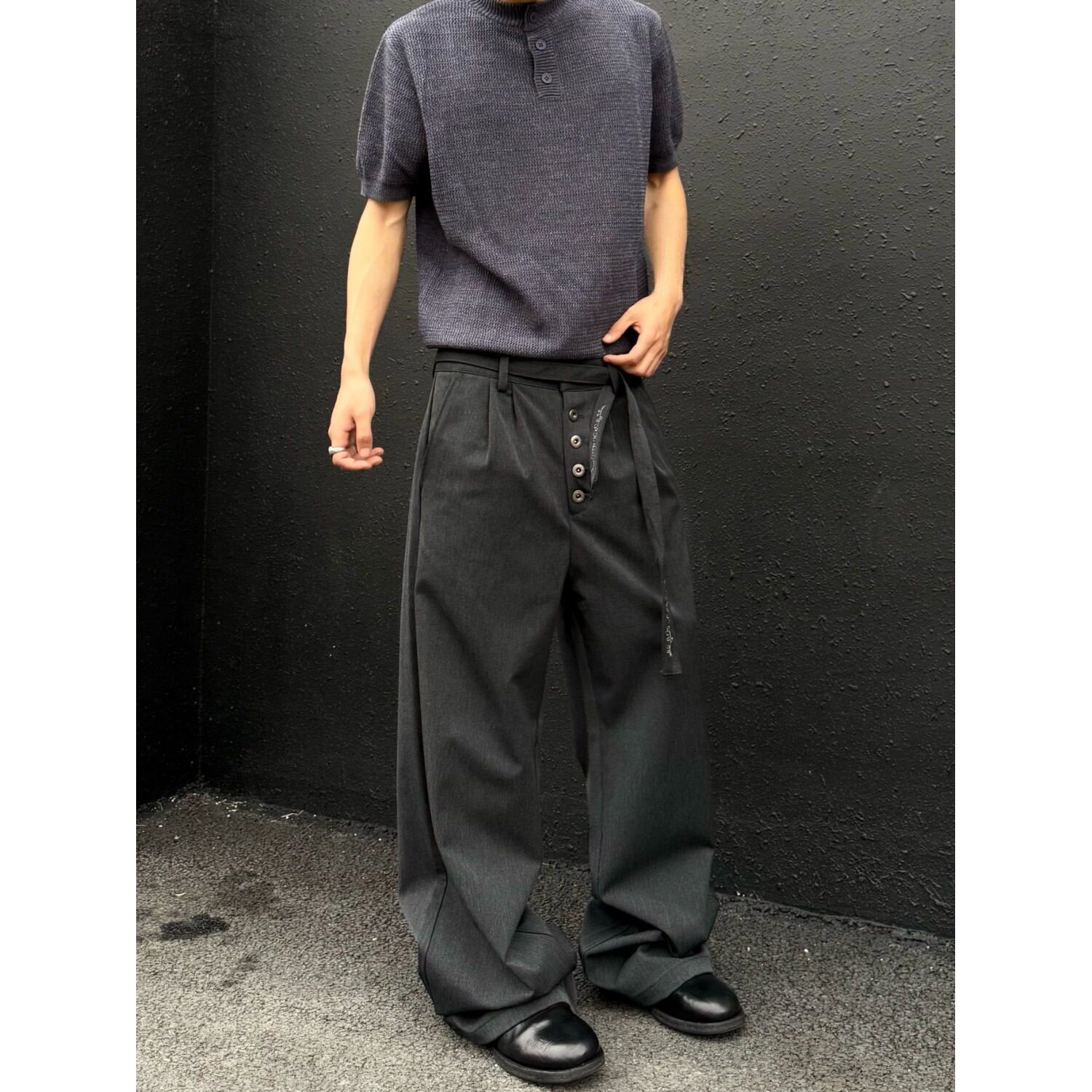 剑道褶皱A字刺绣灰色西裤男女垂坠高级感阔腿TR混纺休闲裤
