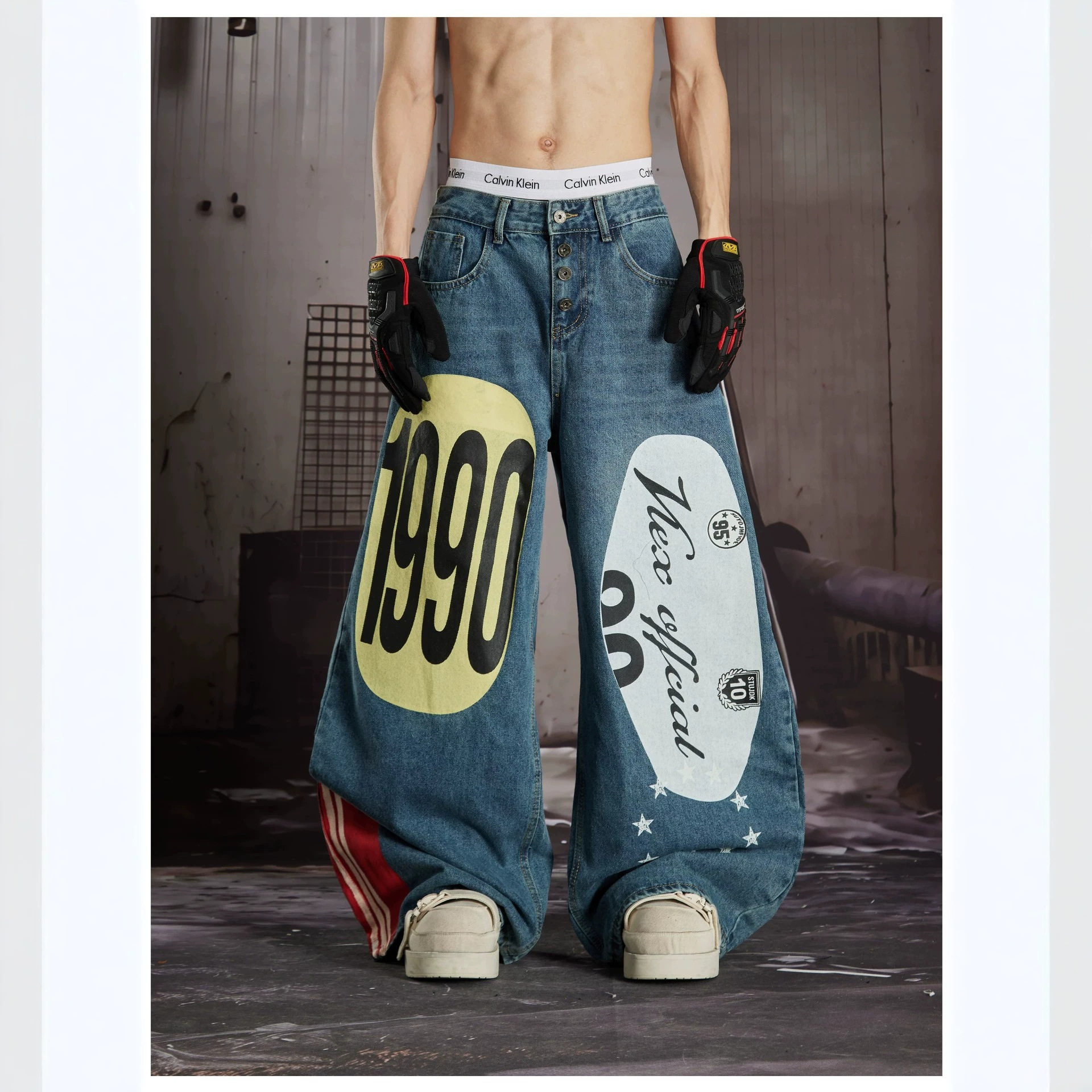 美式街头嘻哈涂鸦印花设计赛车牛仔裤男女宽松阔腿休闲弯刀香蕉裤