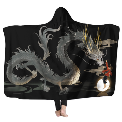双面绒中国风龙图案懒人毯斗篷披肩午休毯子带帽男女童成人可外穿