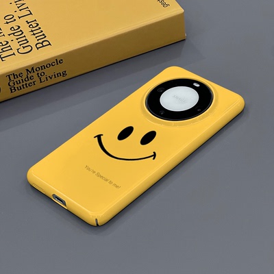 简约黄色笑脸 适用于华为Mate60Pro手机壳全包边菲林亮面硬壳Mate60塑料防摔个性创意新款简约时尚小众男女款