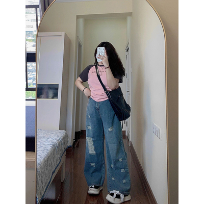 大码女装胖mm高腰直筒阔腿牛仔裤