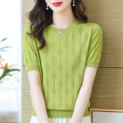 宽松显瘦大码洋气冰丝短袖t恤女夏季镂空遮肉针织镂空百搭薄上衣