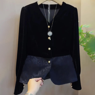 网红时尚爆款假两件丝绒长袖衬衫