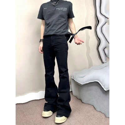 RO风26SS黑色飘带显瘦微喇叭水洗牛仔裤男女宽松堆积感长裤子