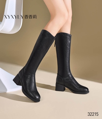 香香莉32215长筒靴女加绒2025新款冬季不过膝粗跟舒适高筒时装靴