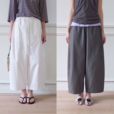 SOMETHING 复古双纱粗斜纹棉 全松紧腰宽松阔腿长裤2色