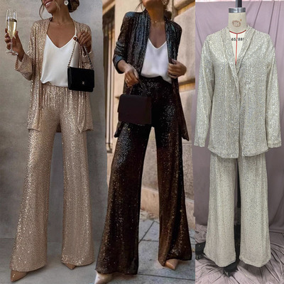 春秋亮片西装外套直筒长裤女套装