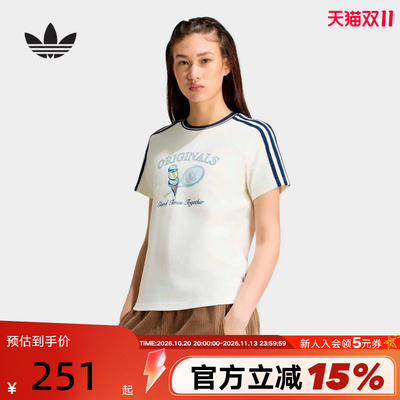 adidas阿迪达斯三叶草网球风印花半袖2026秋女宽松短袖T恤 KX6887