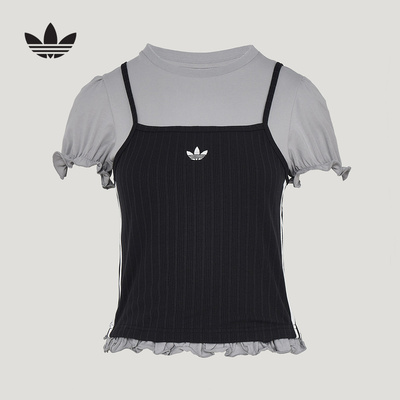 adidas阿迪达斯三叶草花边下摆泡泡袖半袖2026春女短袖T恤 KY3299
