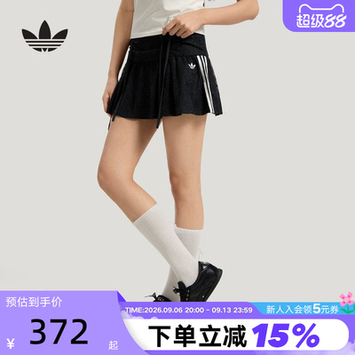 adidas阿迪达斯三叶草短裙夏女结缎带蕾丝蝴蝶结百褶半身裙KU4761