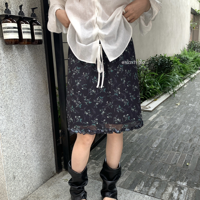 夏韩标碎花木耳边松紧腰气质淑女感飘逸半身裙18362#