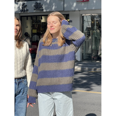 TheDINA|2026春季新款佳慧同款复古撞色条纹圆领宽松马海毛毛衣女