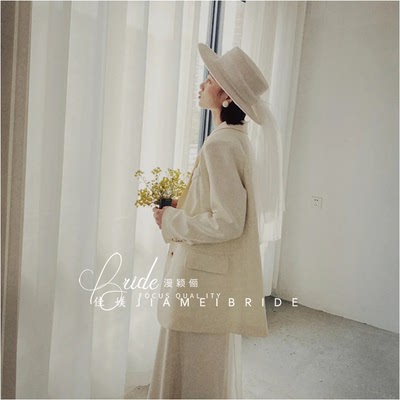佳媄法式优雅极简约平顶新娘毛呢头纱礼帽时尚影楼外景写真配饰品