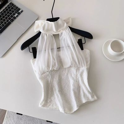 88889设计感辣妹小众绝美网纱系带挂脖女白色性感露背抹胸上衣